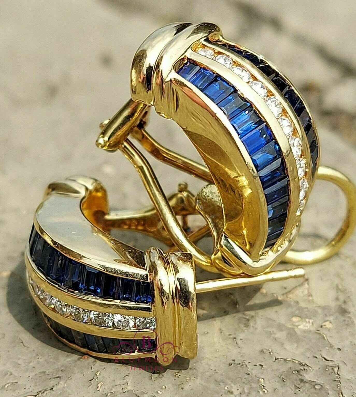 14K Solid Yellow Gold Baguette Cut Sapphire & Round CZ Diamond Pretty ...