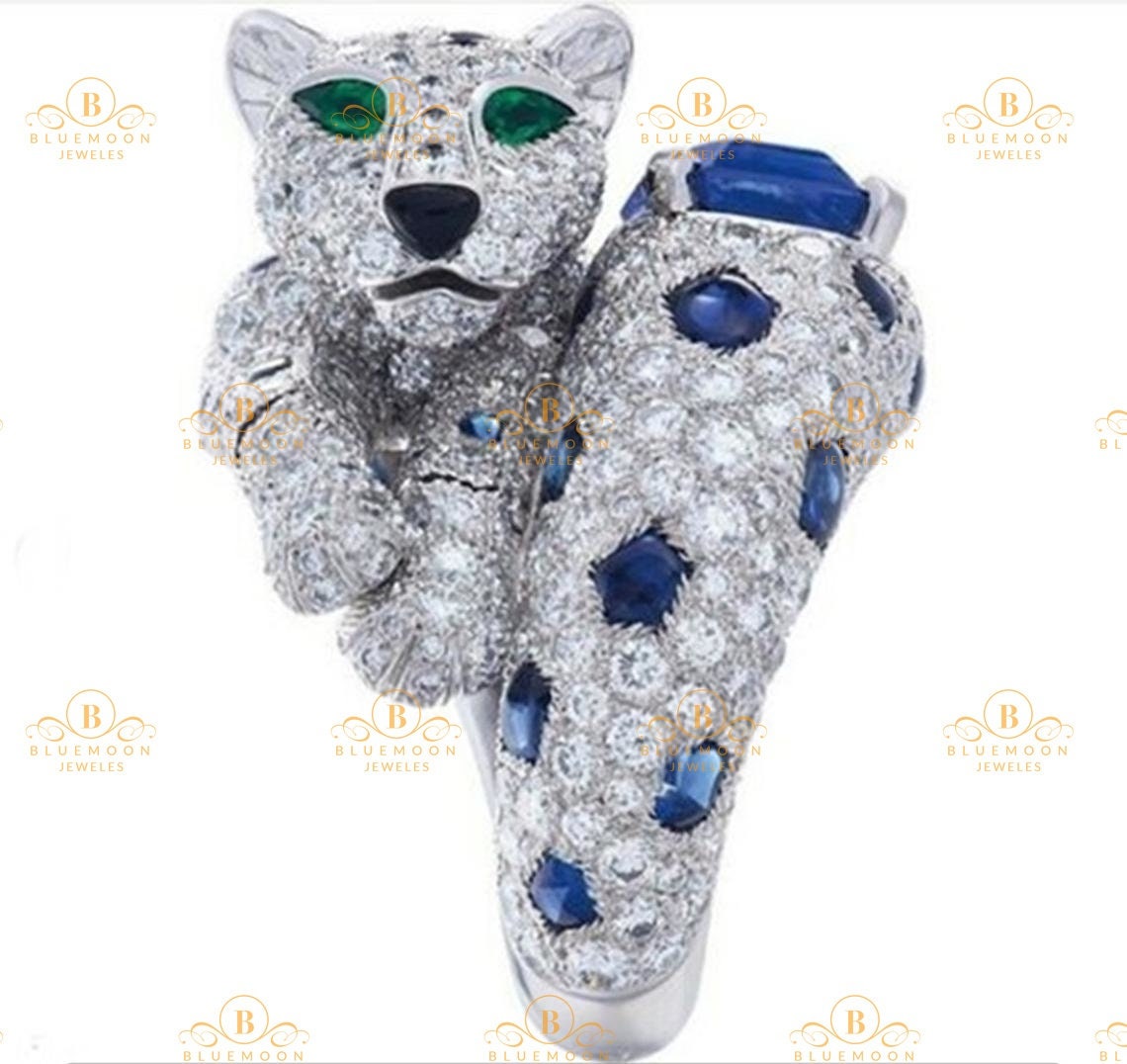 Luxury Panther Ring With Blue Sapphire & Emerald Eyes | Silver Leopard ...