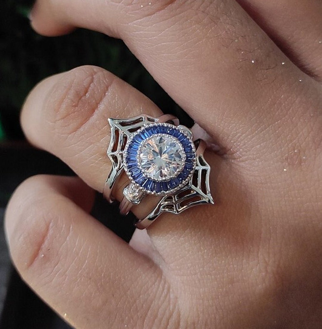 Spider Web Wedding Band Set - Art Deco Sapphire Blue Baguette Halo ...