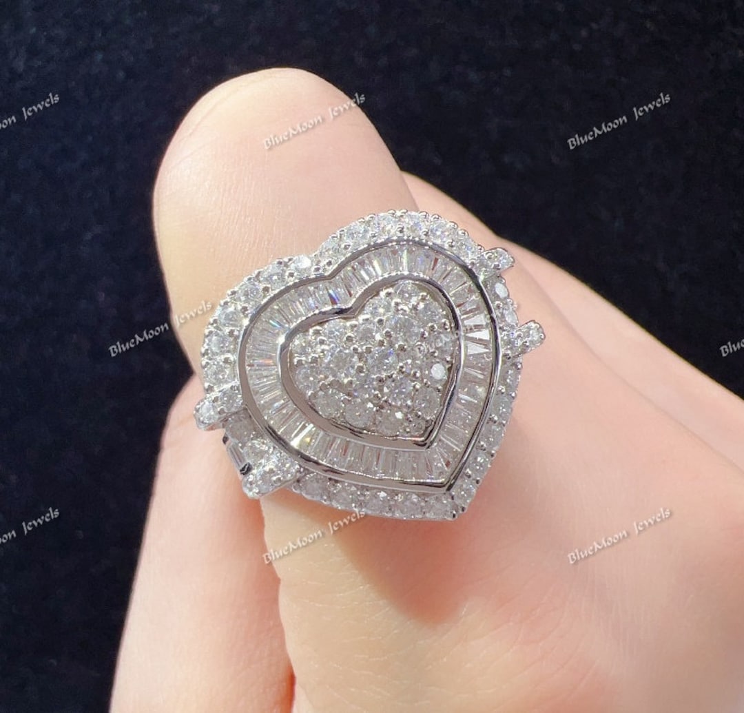 Iced Out Custom Heart Ring, Hip Hop 925 Sterling Silver Ring VVS ...