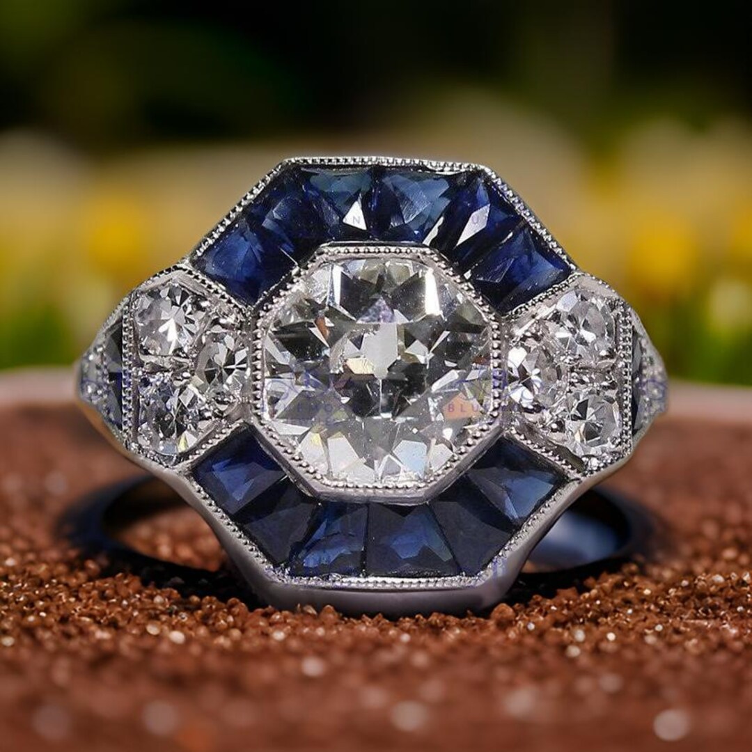 New Art Deco Style White Round Cut Moissanite With Blue Bugatti ...