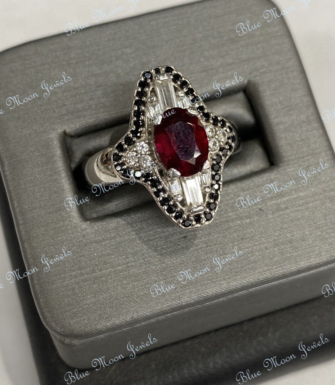 10k Solid White Gold Vintage Art Deco Inspired Oval Cut Red Ruby Center ...