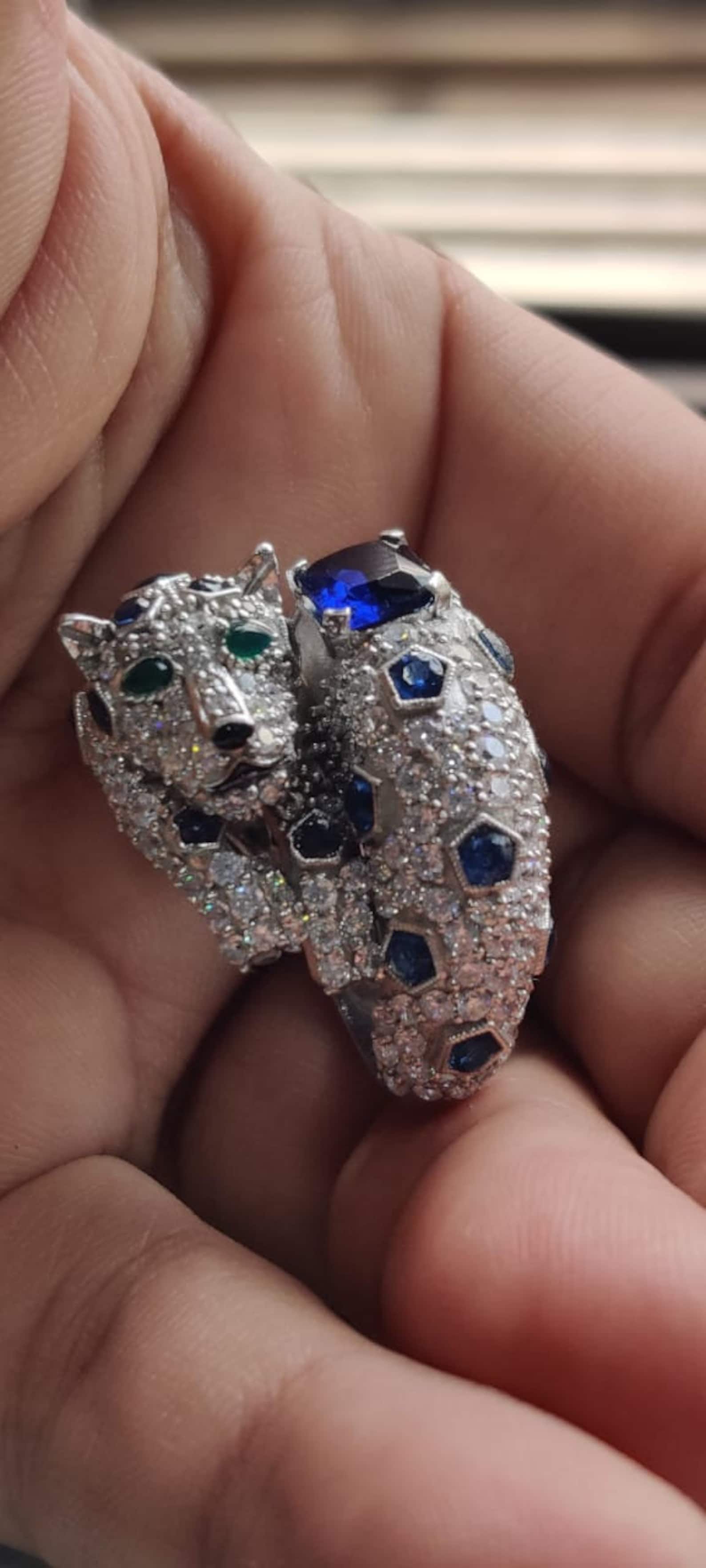 Luxury Panther Ring With Blue Sapphire & Emerald Eyes | Silver Leopard ...