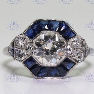 New Art Deco Style White Round Cut Moissanite With Blue Bugatti ...