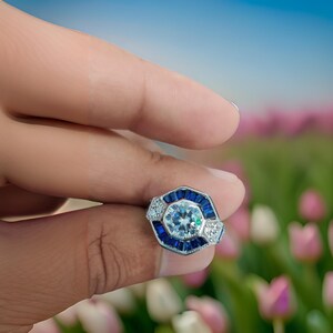 New Art Deco Style White Round Cut Moissanite With Blue Bugatti ...