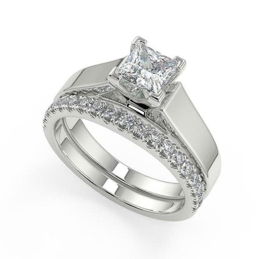 Solitär schlicht Ring Set Princess Cut Moissanite Solitaire Ehering Set ...