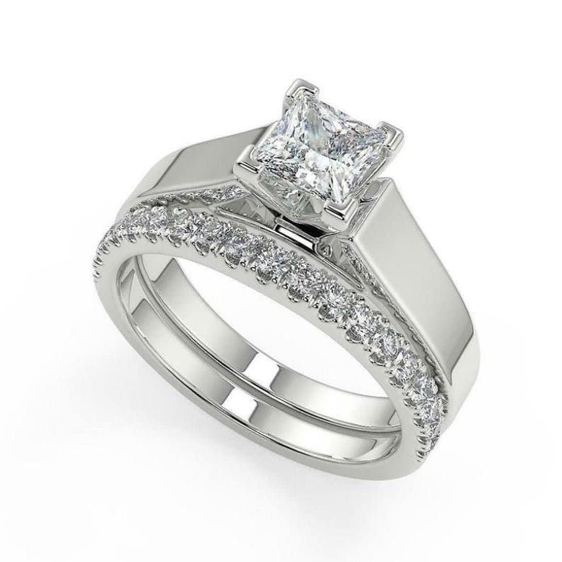 Solitaire Plain Ring Set Princess Cut Moissanite Solitaire Wedding Ring ...