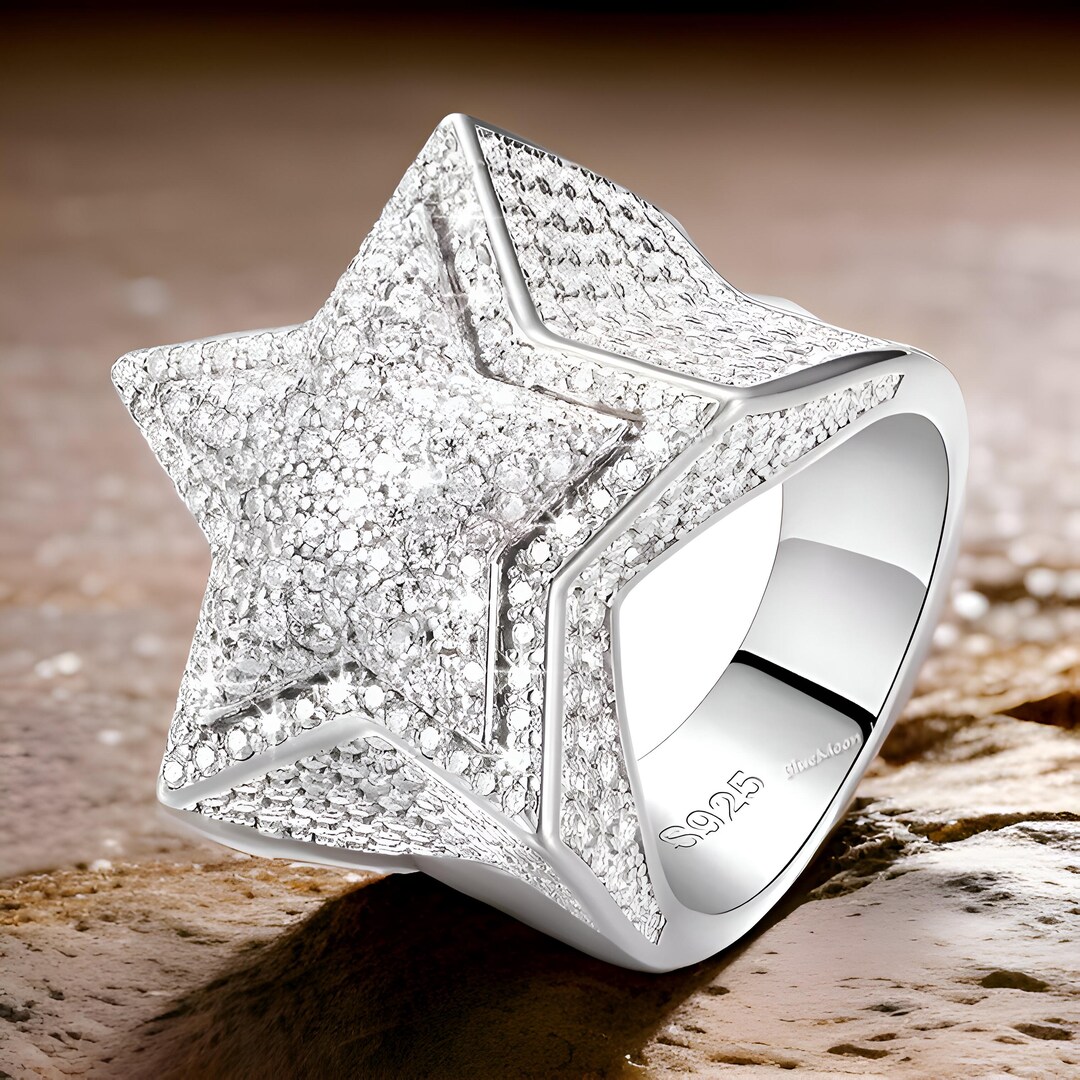 Iced Out Star Ring: 925 Sterling Silver VVS Moissanite Hip Hop Ring - Etsy
