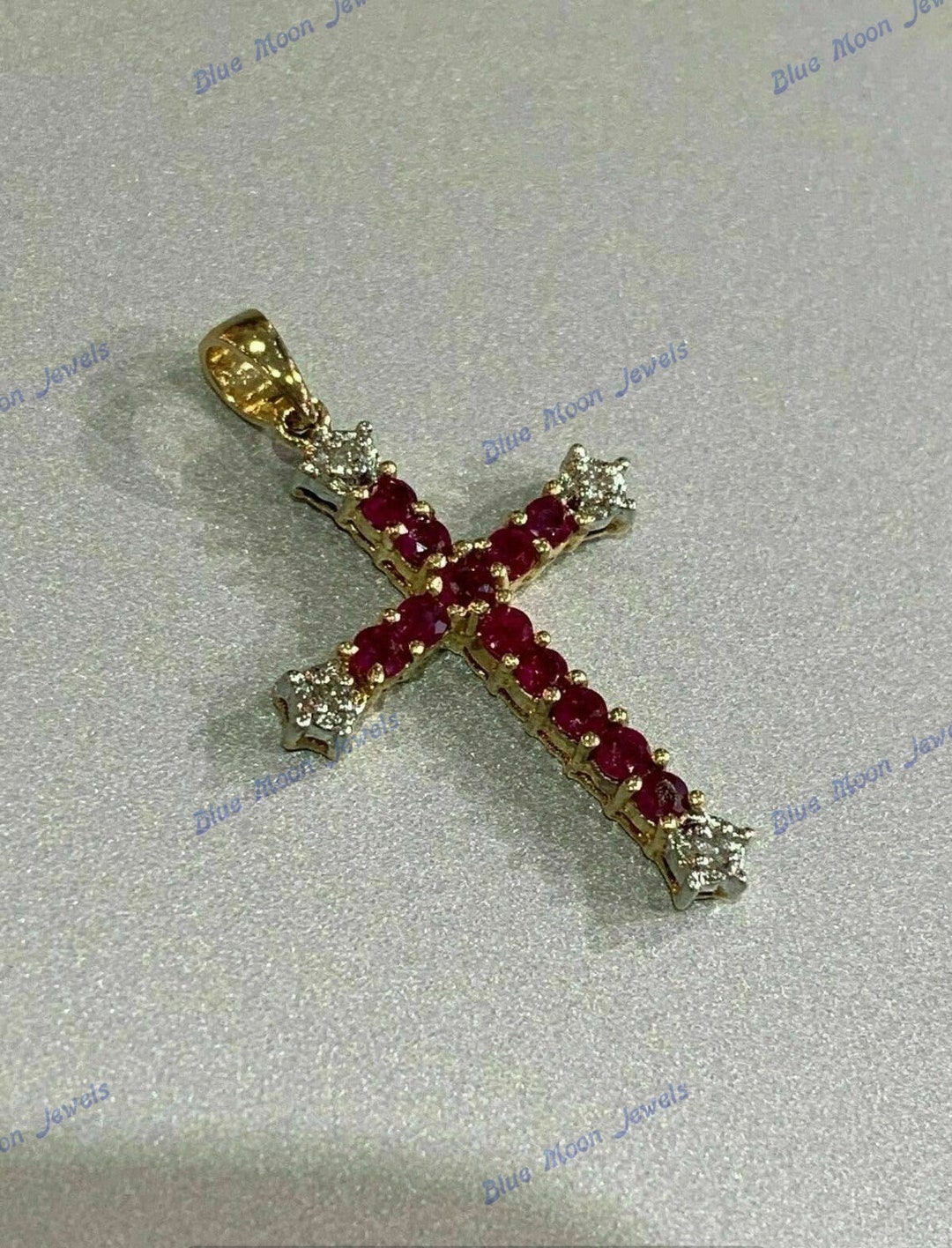 14k Yellow Gold 1.75 Ct Round Cut Pink Fancy Diamond Cross - Etsy