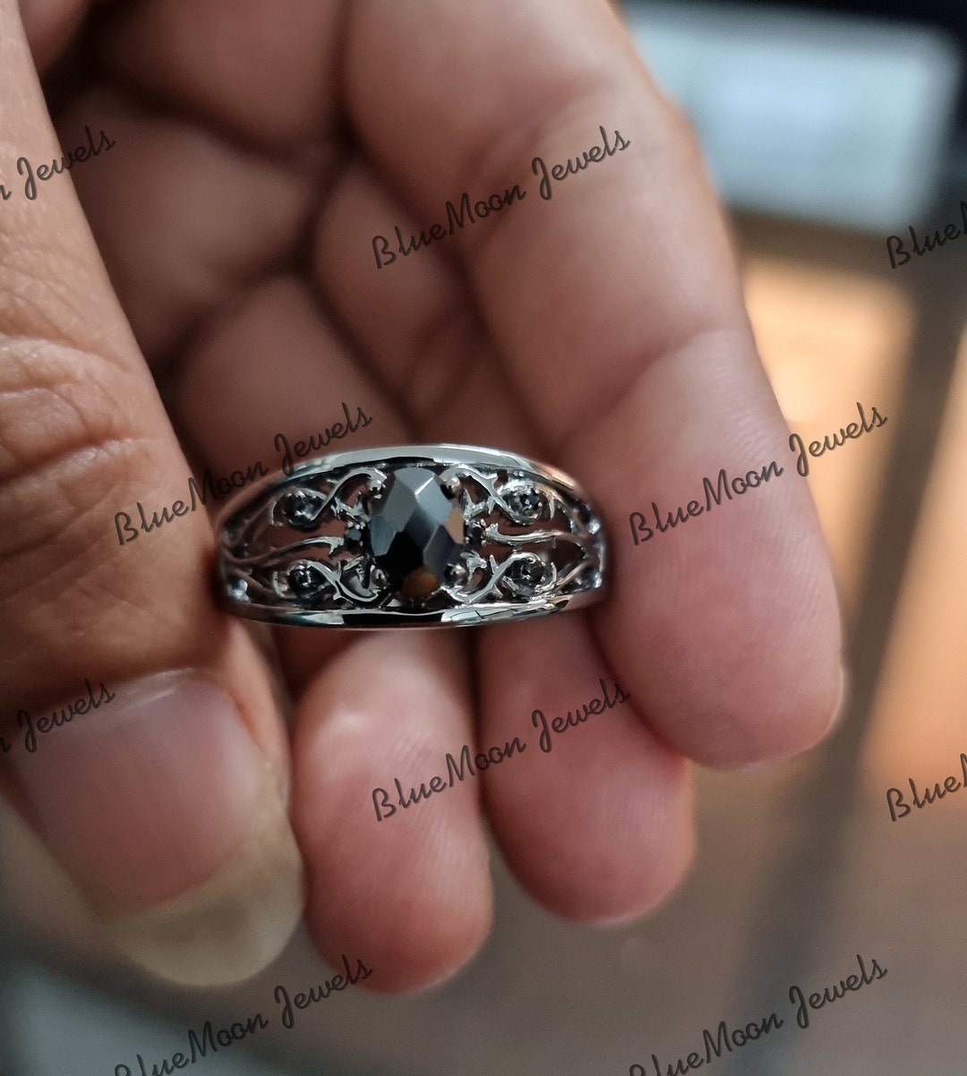 Maleficent Black Onyx Ring: Black Diamond Accent, Sterling Silver - Etsy