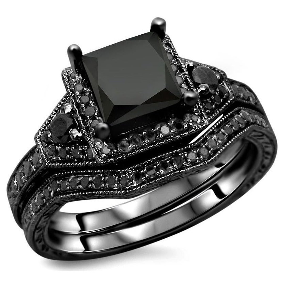 Black Onyx With CZ Diamond Engagement/wedding Ring Set Bridal Set ...