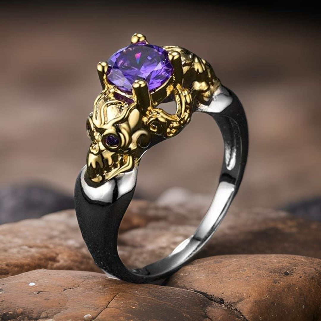 Gothic Dragon Skull Ring With Purple Amethyst Crystal, Two Tone Black ...