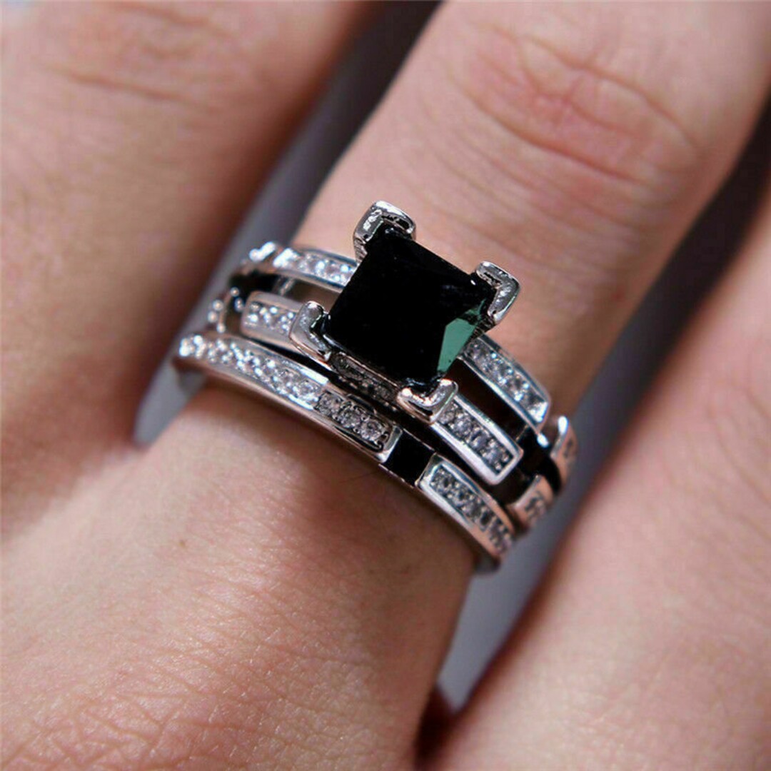 Princess Cut Black Onyx With CZ Diamond Bridal Wedding/engagement Ring ...