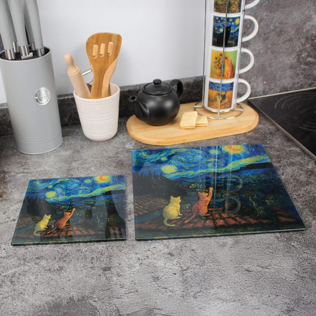 Van Gogh Cats Under a Starry Night Sky Glass Worktop Protector ...