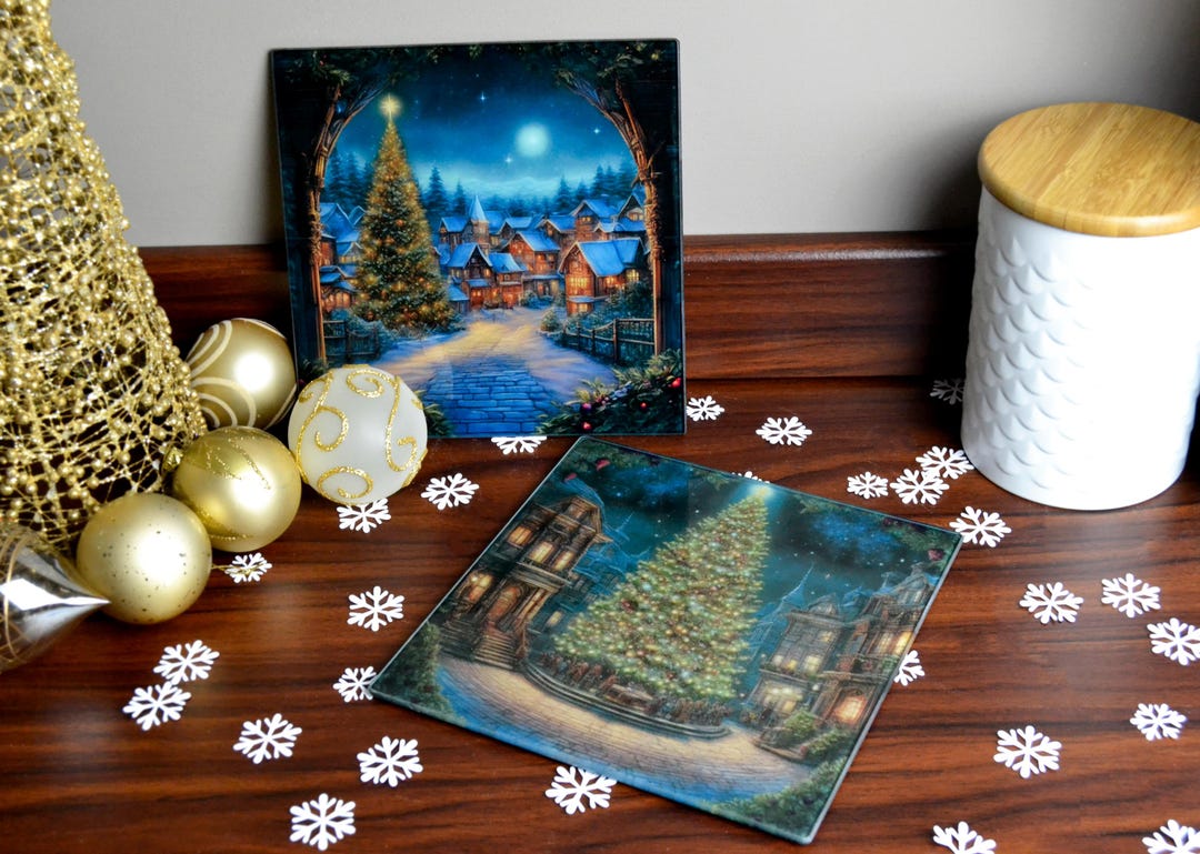 Magical Christmas Village & Tree Square Trivets - Festive Glass Hot Pot ...