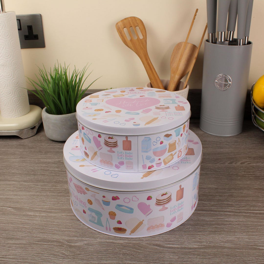 Made With Love Round Cake Tins - Pink Baking Storage Kitchen Gifts for ...