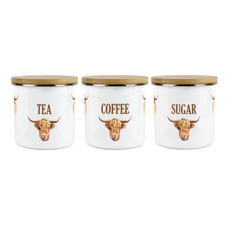Tea Coffee & Sugar Highland Cow Canisters Enamel Kitchen Storage Jar ...