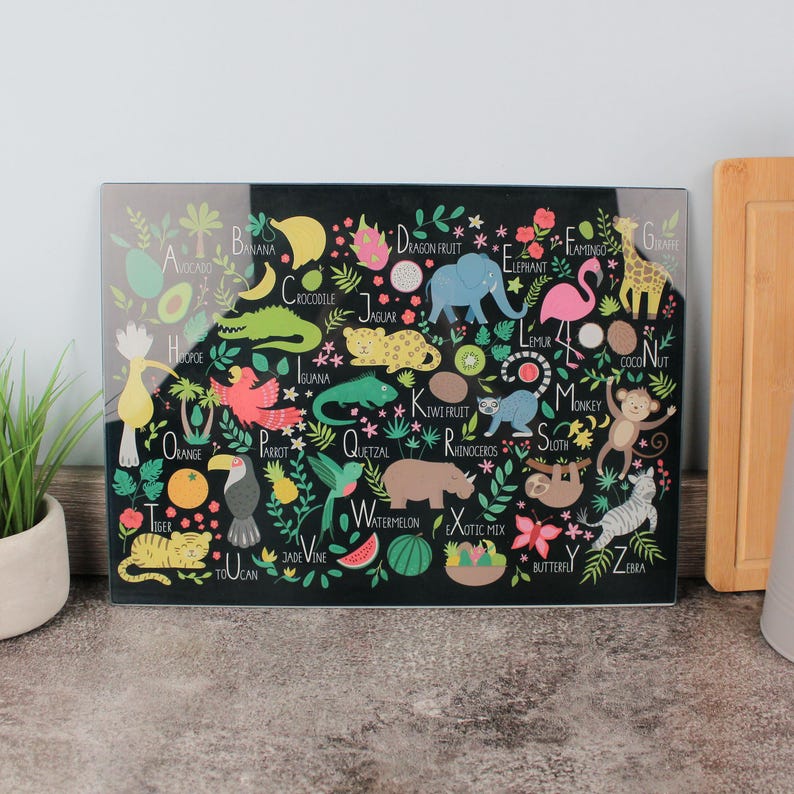 Jungle Animal Alphabet Kitchen Chopping Board - Glass Worktop Saver ...