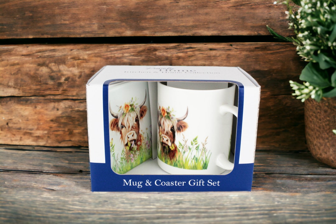 Highland Cow Mug & Coaster Gift Boxed Set Set of 4 Highland Cow Floral ...