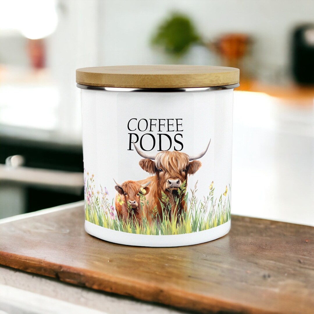 Highland Cow & Calf Kitchen Canisters Country Farm White Metal Enamel ...