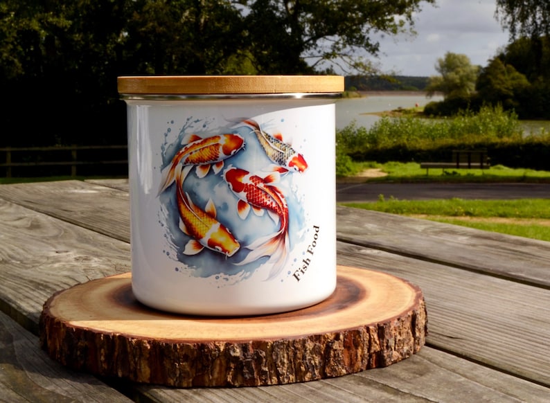 Fish Food Storage Canister - Enamel Watercolour Koi Fish Large ...