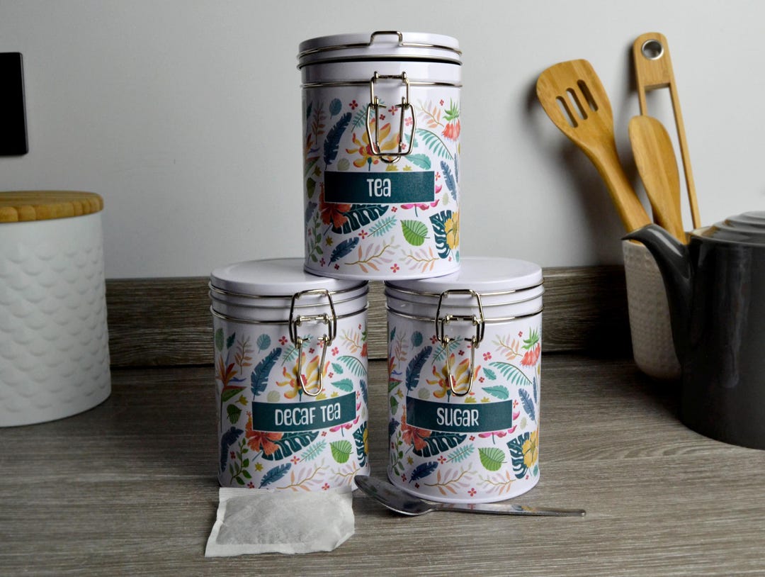 Tropical Flowers Metal Storage Canisters - White/silver Tinplate Food ...