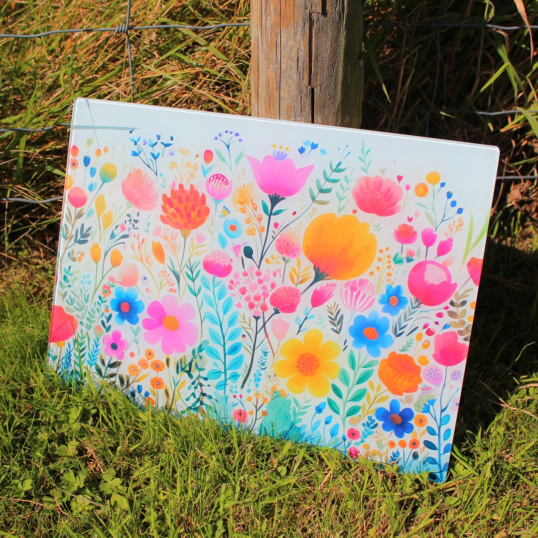 Bright Floral Large Glass Worktop Saver Wildflower Meadow Colourful ...