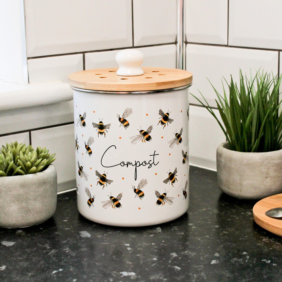 Buzzing Bees Food Waste Bin - 2L Enamel Kitchen Caddy Gifts for Bee ...