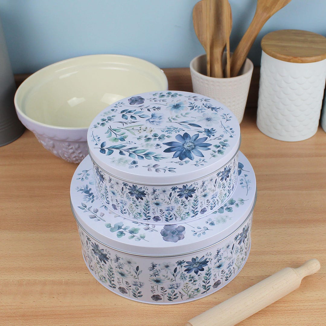 Blue Floral Round Cake Tins - Medium & Large Food Storage Kitchen Gifts ...