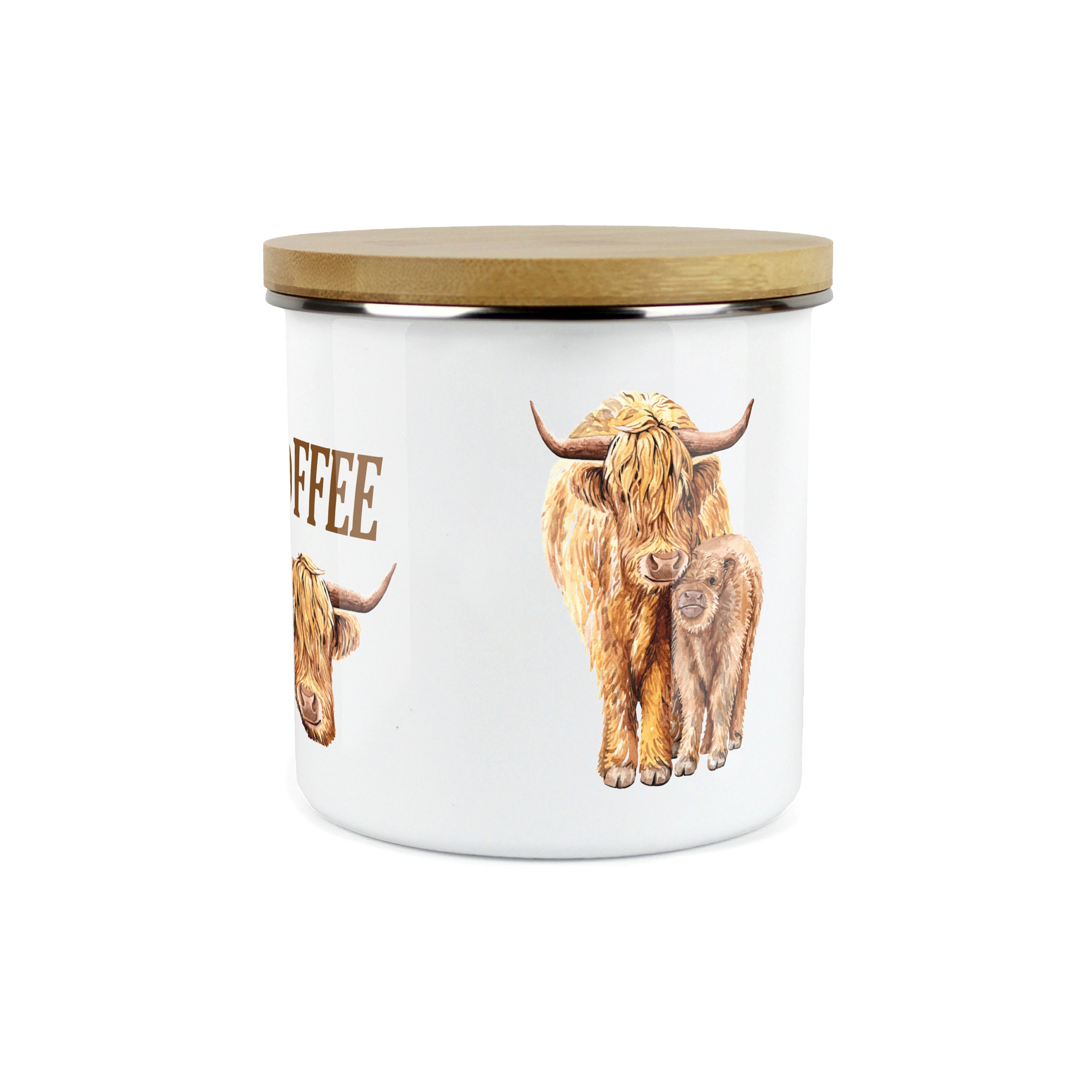 Tea Coffee & Sugar Highland Cow Canisters Enamel Kitchen Storage Jar ...