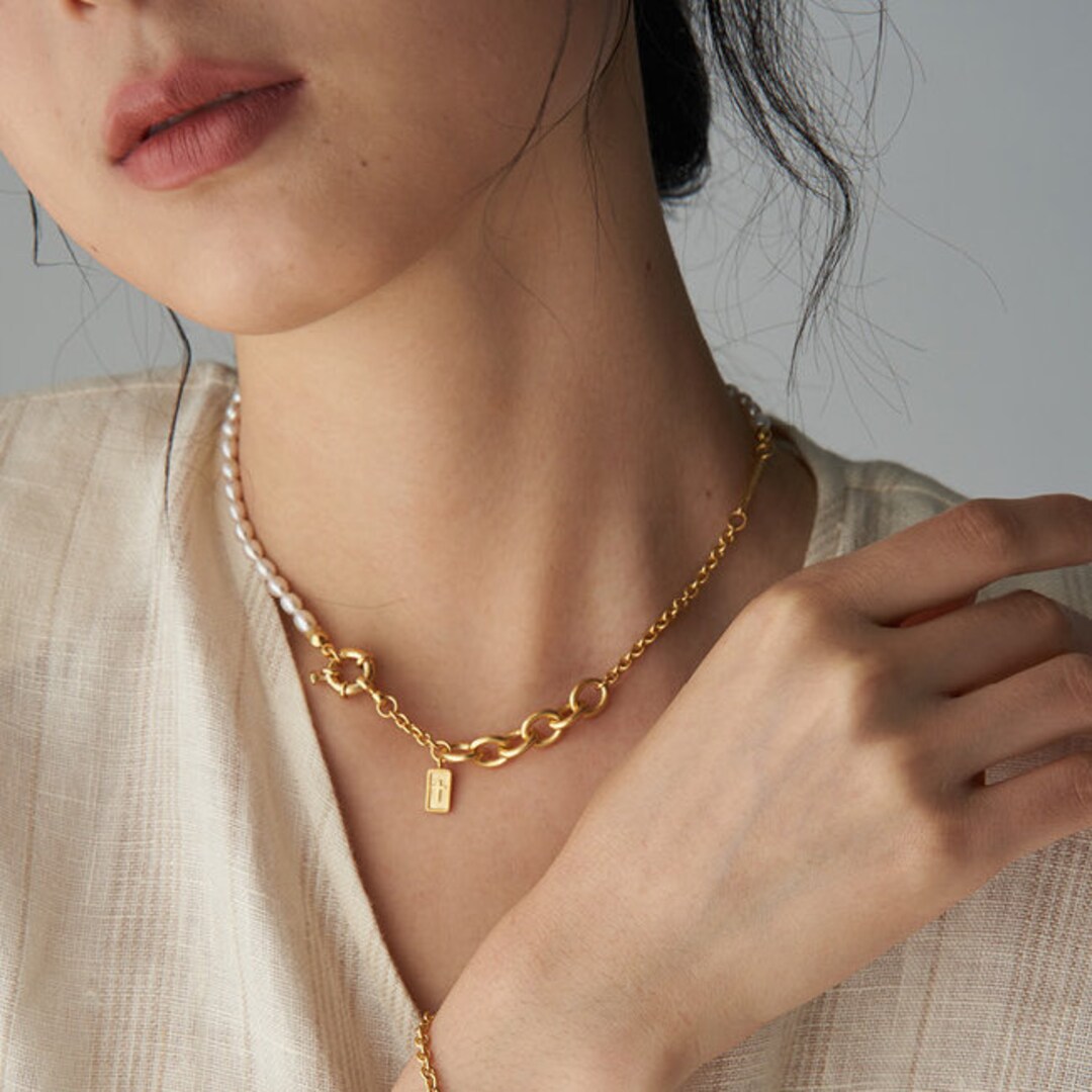 18K Gold Plated Freshwater Pearl Chain Necklace,dainty Half Pearl Half ...