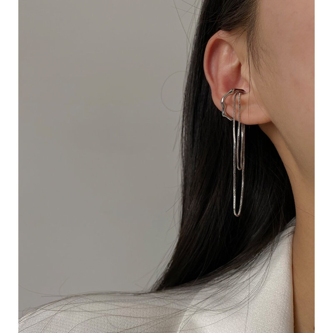 Cuff Chain Earringsdouble Chain Ear Cuffsilver Ear Cuff - Etsy