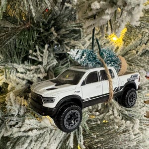 RAM Truck White Carrying Christmas Tree Hot Wheel Christmas Ornament ...