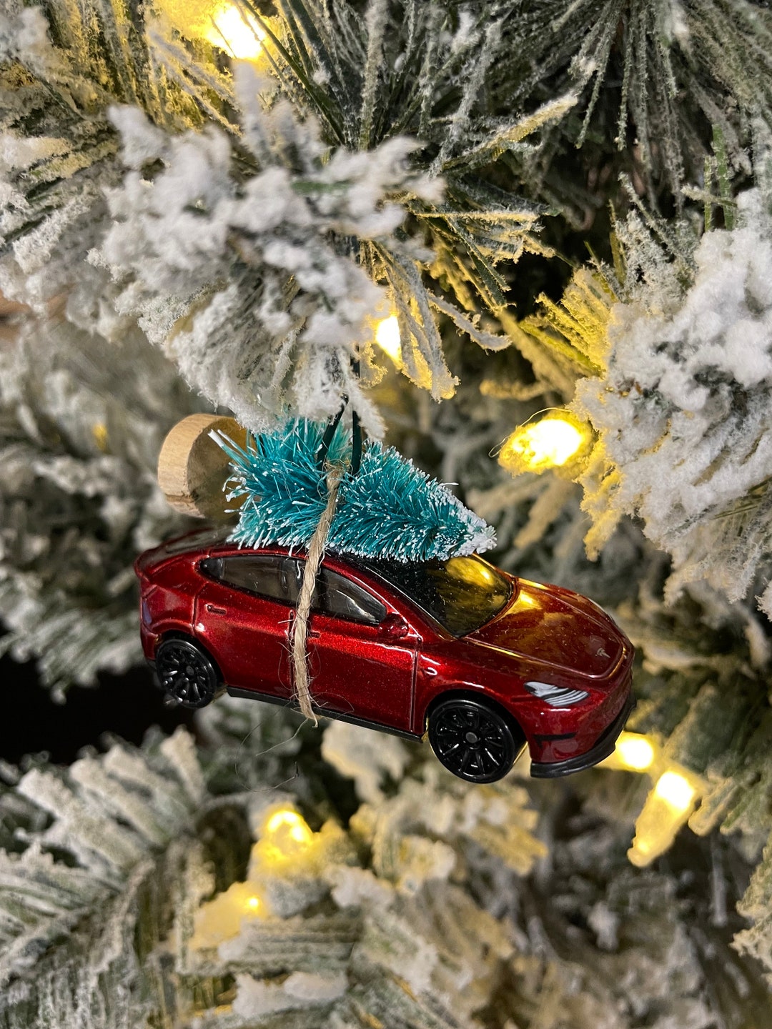 Tesla Model Y Red Carrying Christmas Tree Christmas Ornament Hot Wheel ...