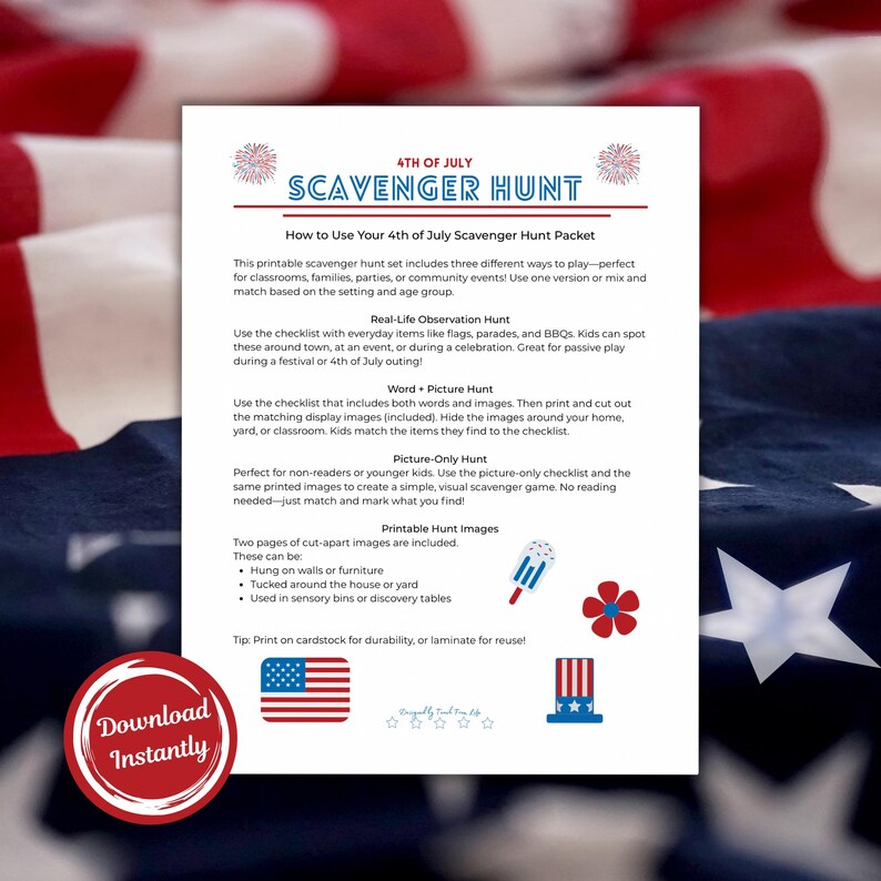 4th of July Scavenger Hunt Printable | Patriotic Kids Game | Word and ...