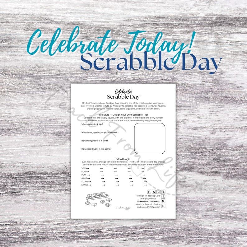 Scrabble Day Printable: Word Games & Custom Tile Activity (digital ...