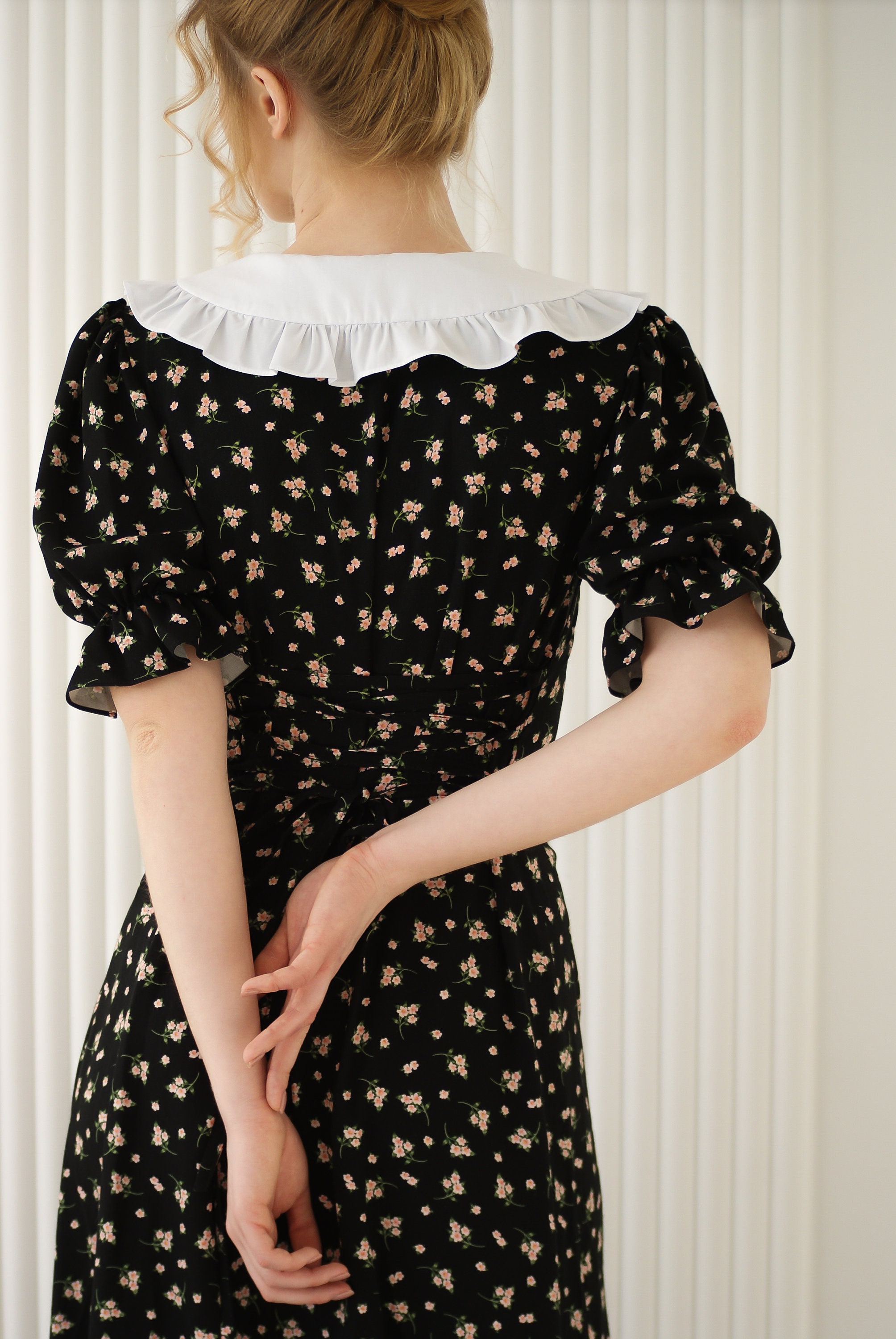 Black Midi Fairy Dress, Cottagecore 70s Dress, Modest Evening Floral ...