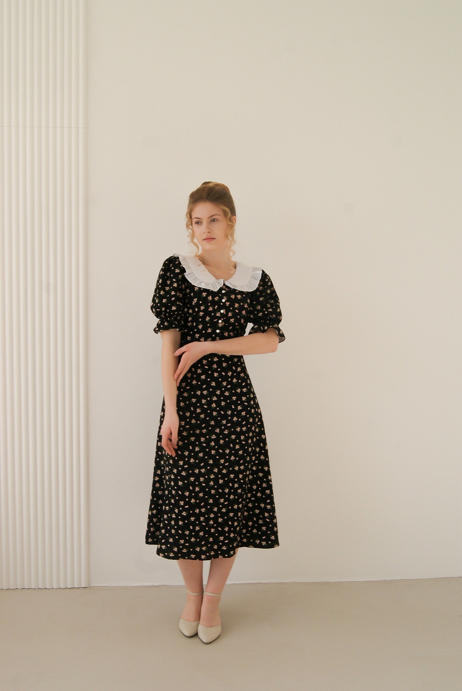 Black Midi Fairy Dress, Cottagecore 70s Dress, Modest Evening Floral ...