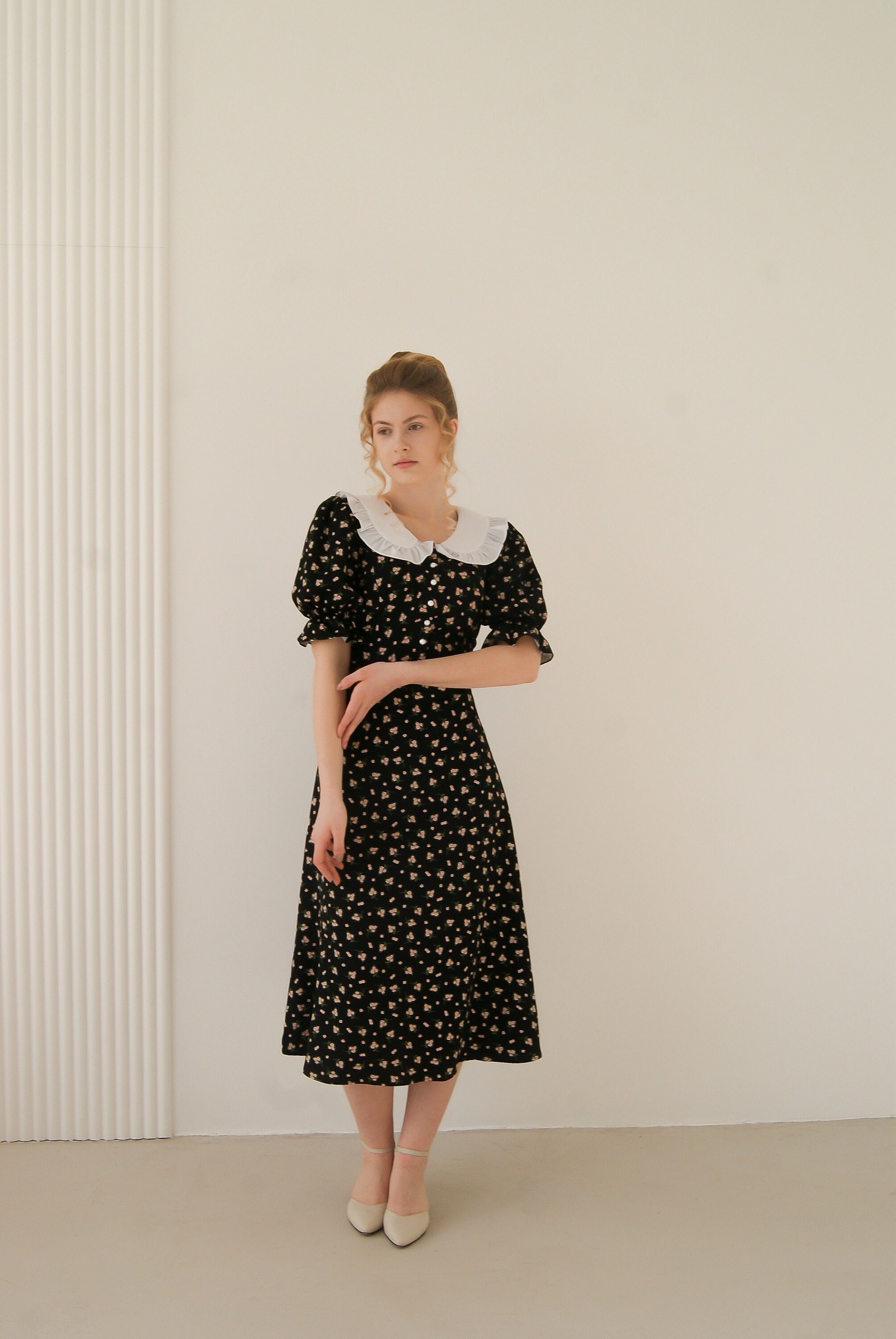 Black Midi Fairy Dress, Cottagecore 70s Dress, Modest Evening Floral ...