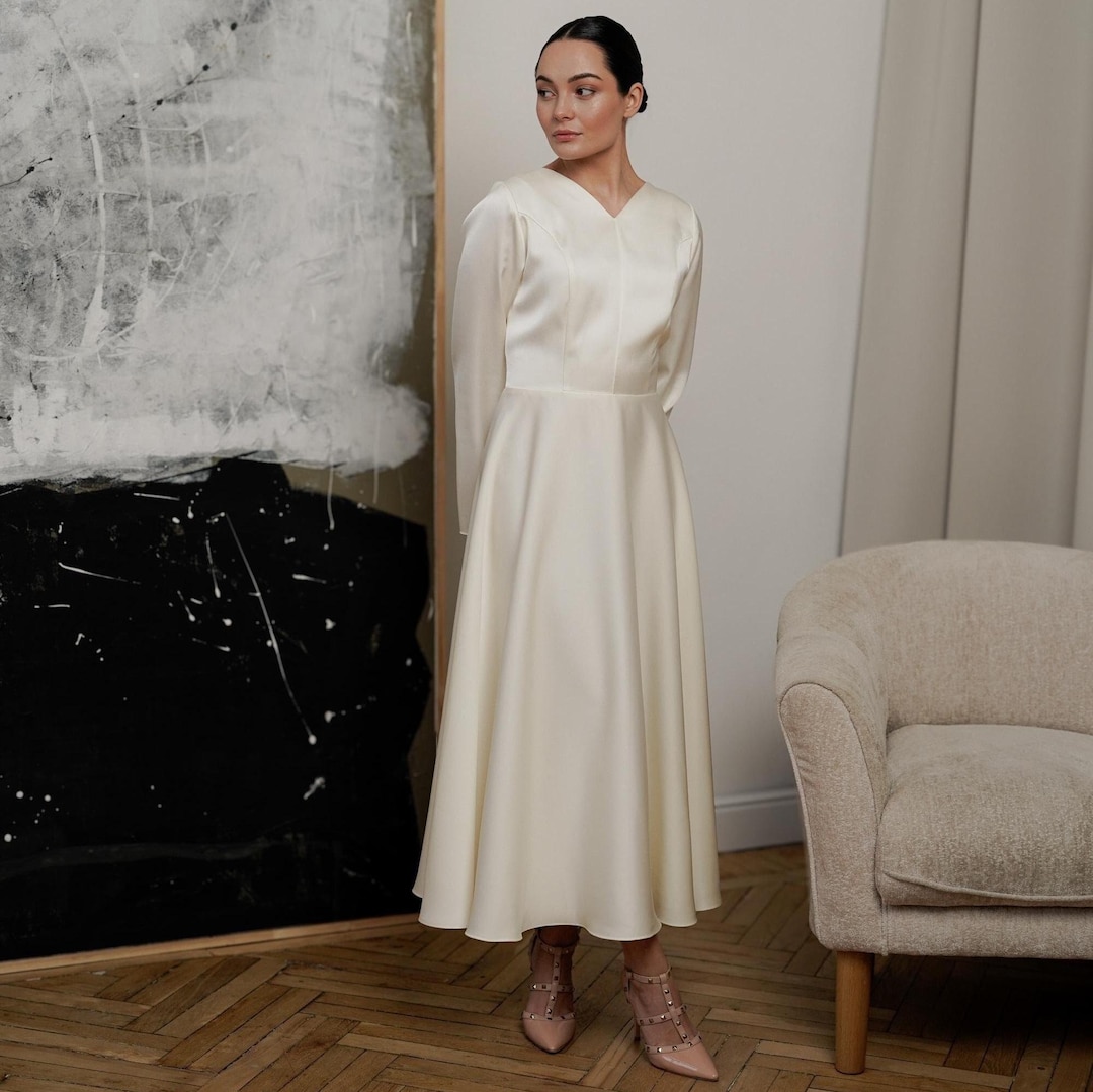 Modest Tea Length Wedding Dress, Satin Wedding Guest Dress ...