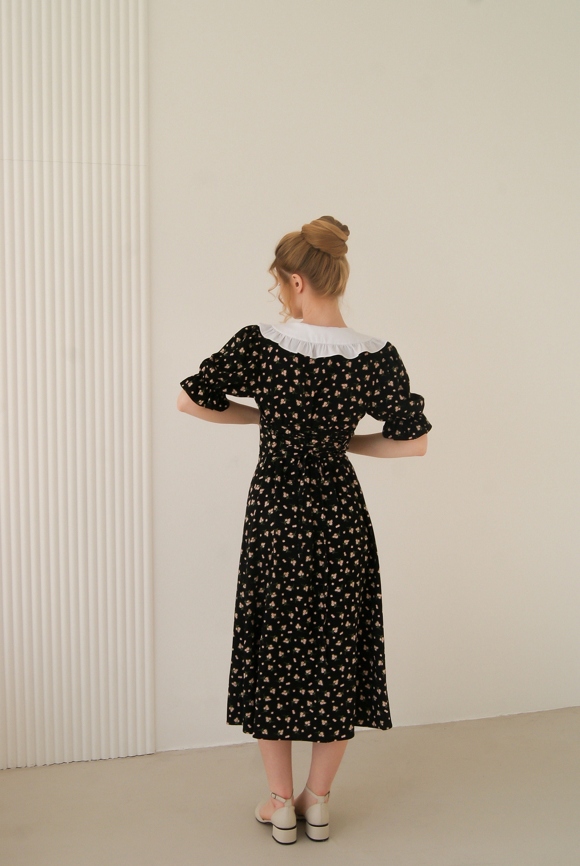 Black Midi Fairy Dress, Cottagecore 70s Dress, Modest Evening Floral ...