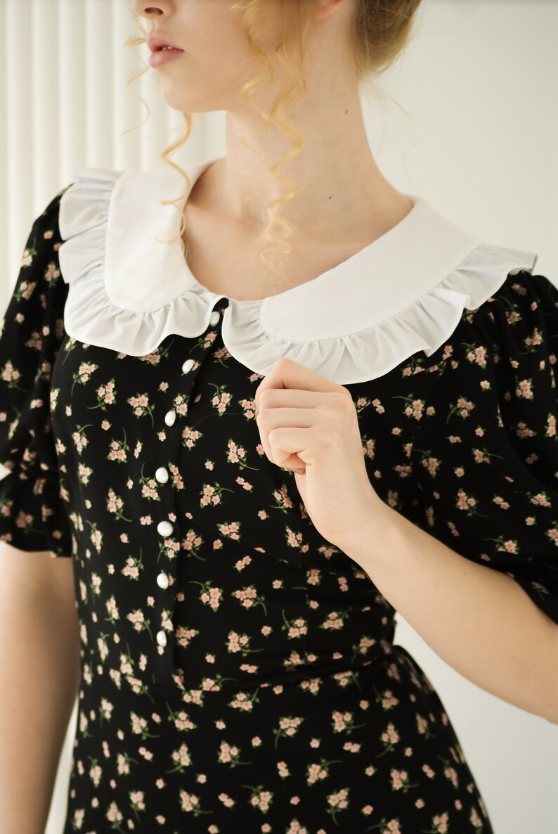 Black Midi Fairy Dress, Cottagecore 70s Dress, Modest Evening Floral ...