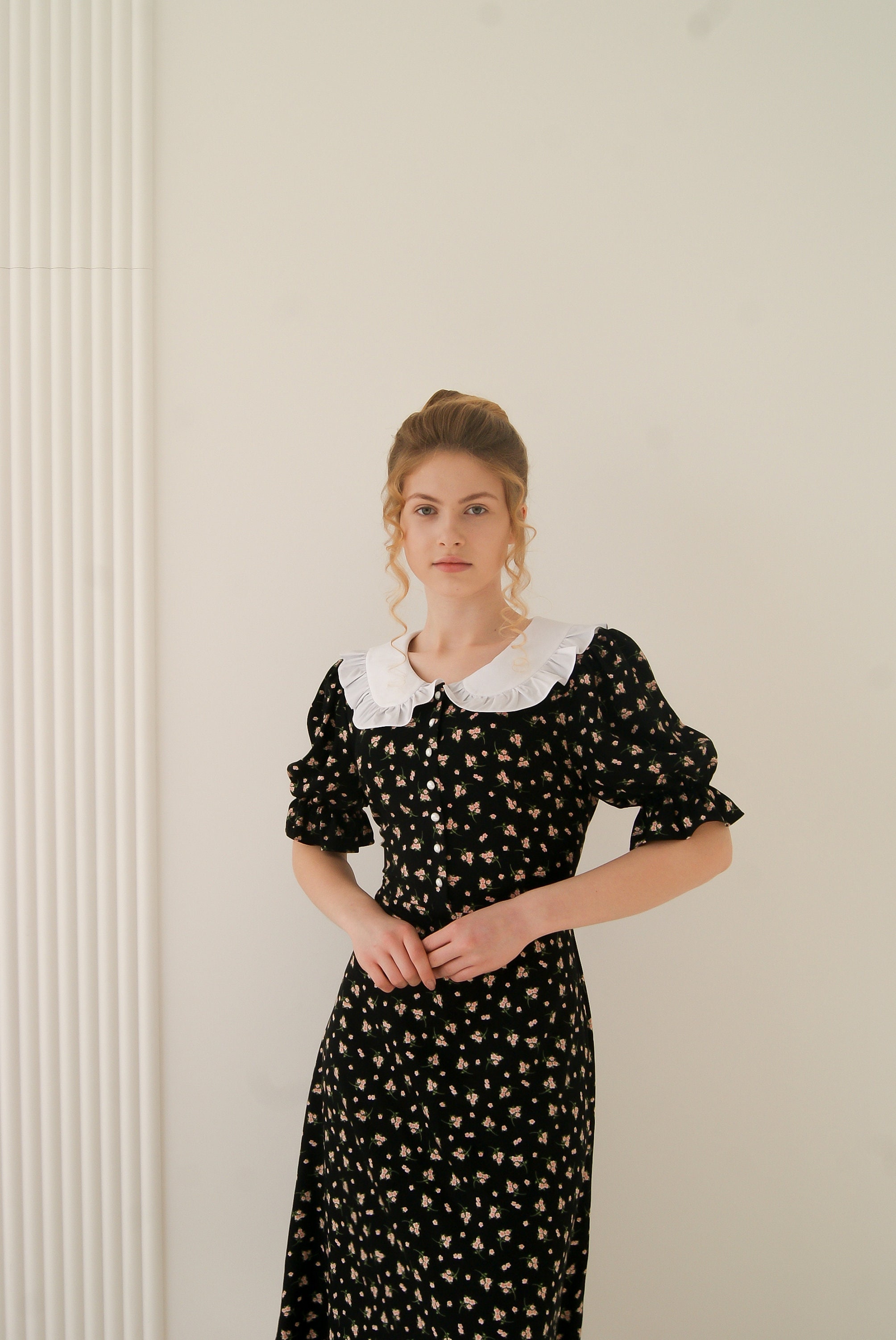 Black Midi Fairy Dress, Cottagecore 70s Dress, Modest Evening Floral ...