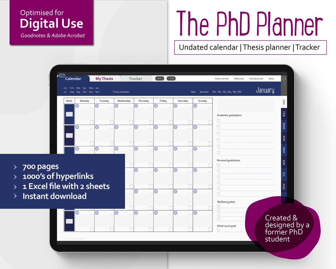 Undated Digital Phd Planner Graduate Thesis/dissertation Planner ...