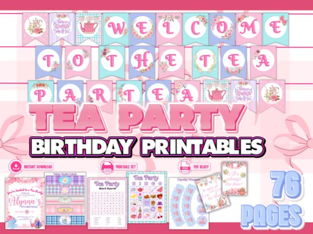 Tea Party Birthday Printables | Elegant Decor & Games (canva Templates ...