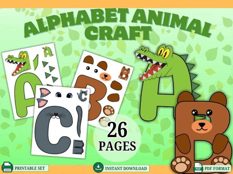 Alphabet Animal Crafts A-Z: Preschool Learning Activity (PDF Pattern ...