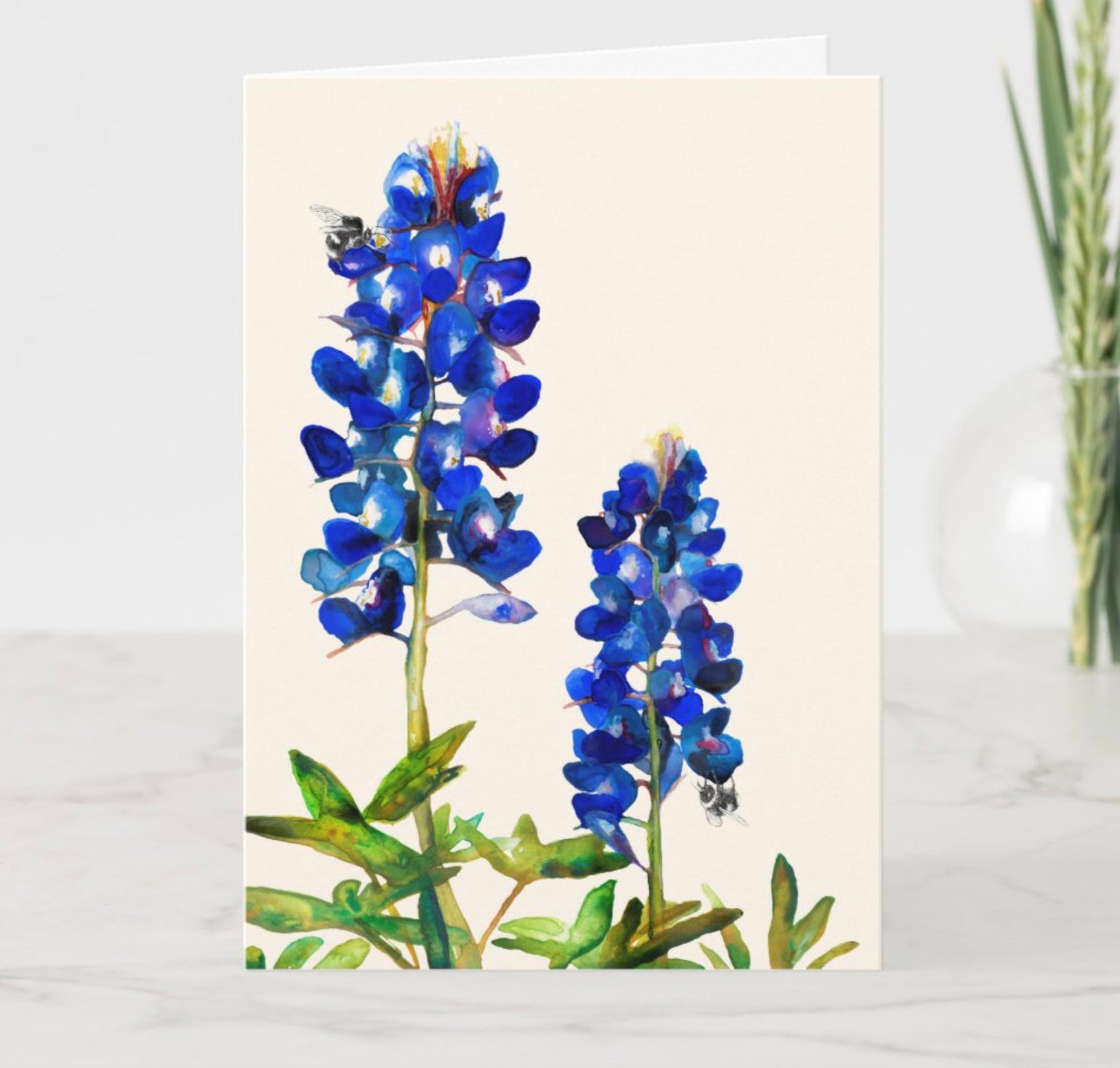 Bluebonnet Watercolor Greeting Card: Texas Flower & Bumblebees - Etsy