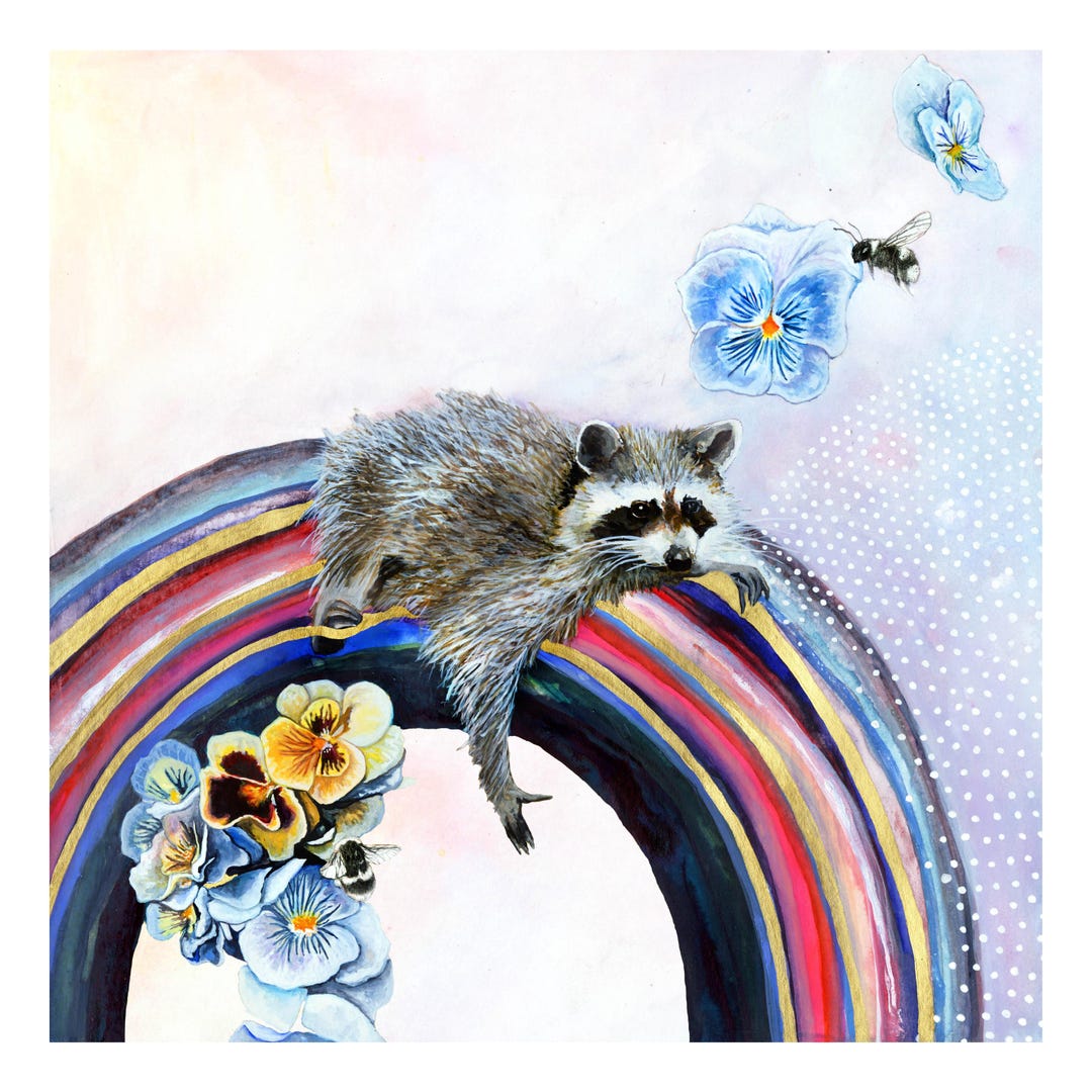Raccoon Watercolor Art | Trash Panda Art | Pansy Flower Art| Wildlife ...