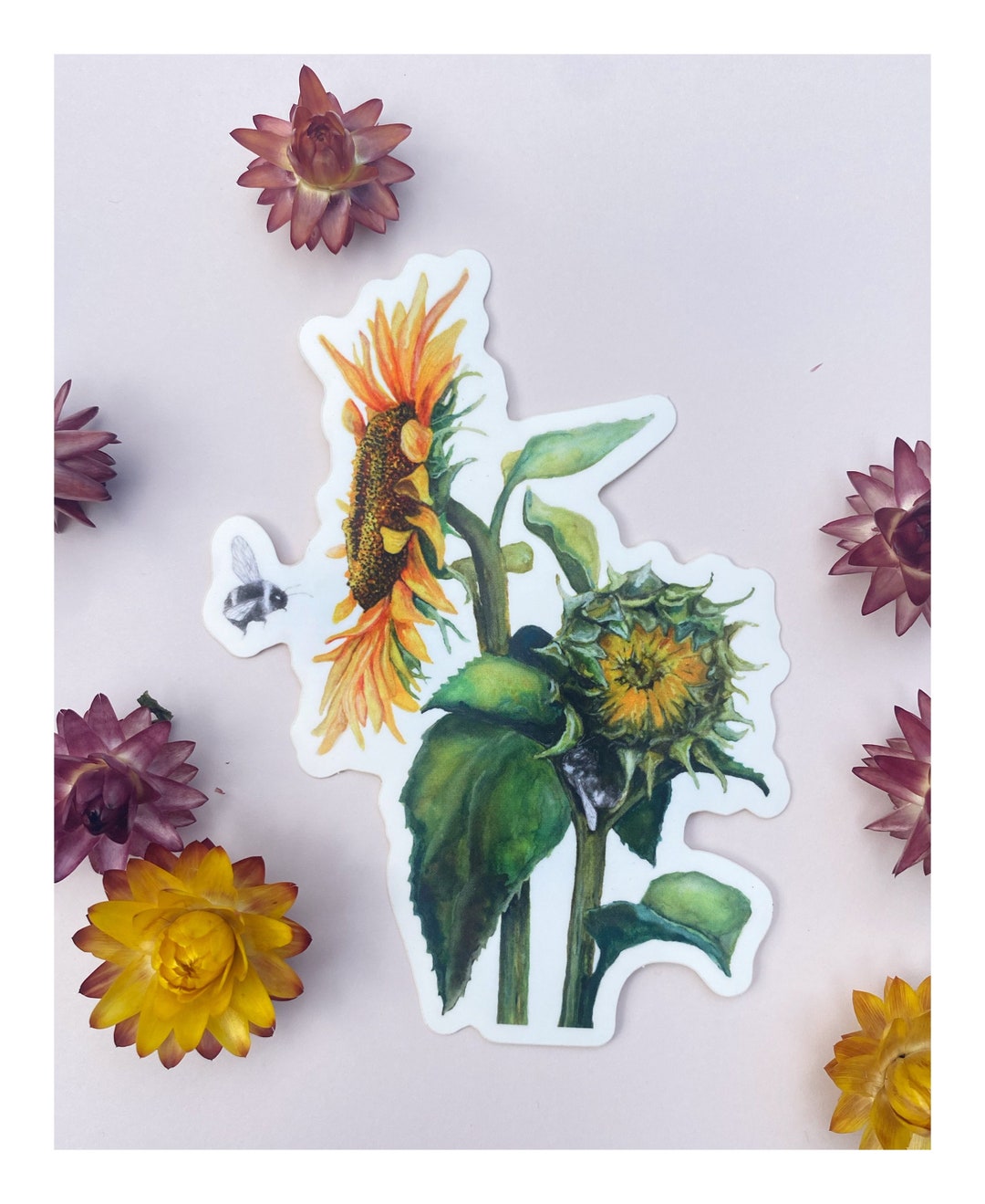 Watercolor Illustration Decal, Sunflower Waterproof Sticker, Plant ...