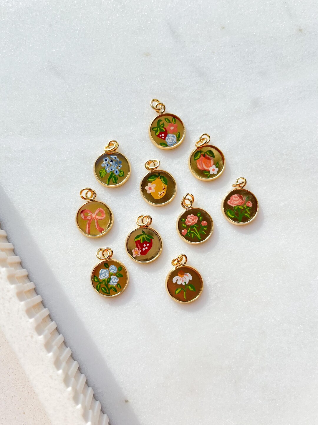 Handpainted Gold Plated Charm | Art Flowers Berries Peaches Lemons ...